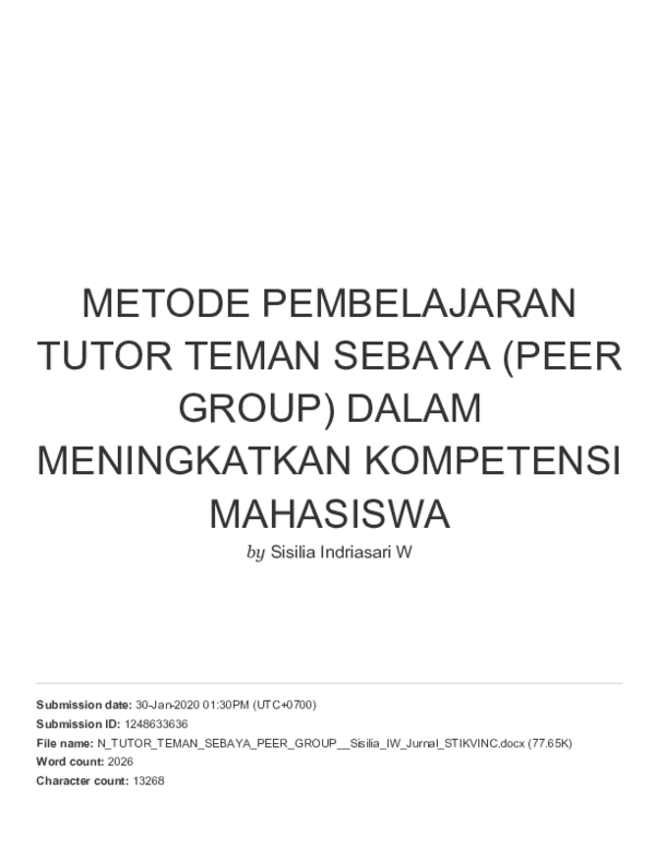 (PDF) Metode Pembelajaran Tutor Teman Sebaya (Peer Group) Dalam Meningkatkan Kompetensi Mahasiswa