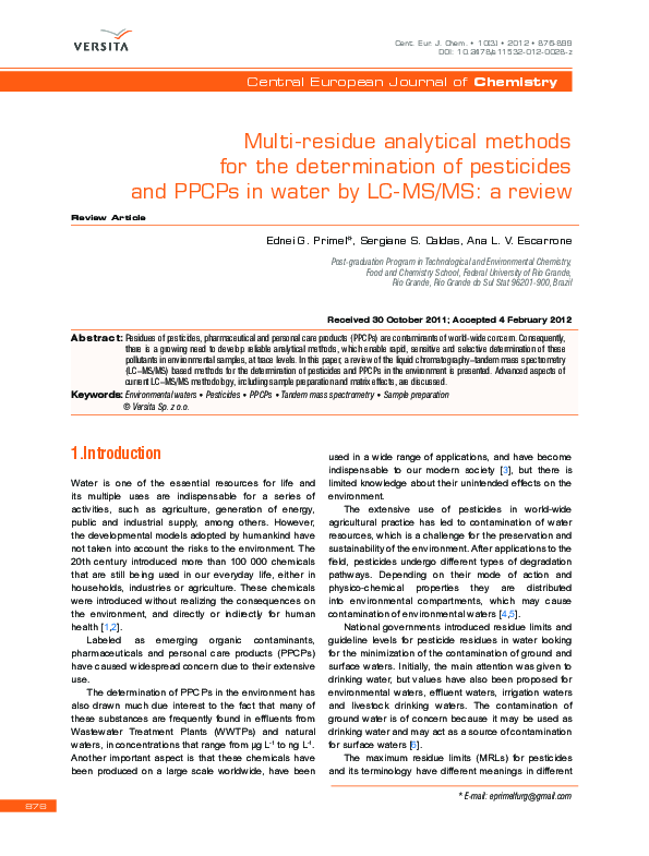 (PDF) Multi-residue analytical methods for the determination of pesticides and PPCPs in water by ...
