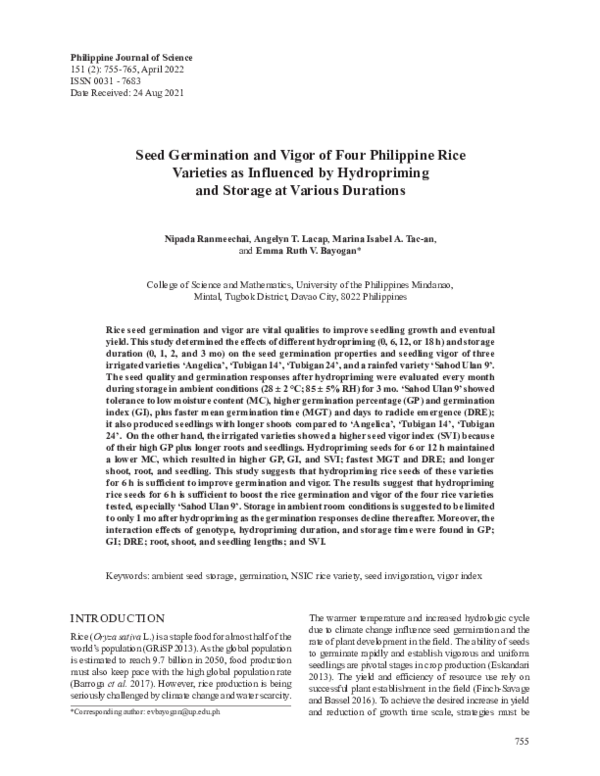 (PDF) Seed Germination and Vigor of Four Philippine Rice Varieties as ...