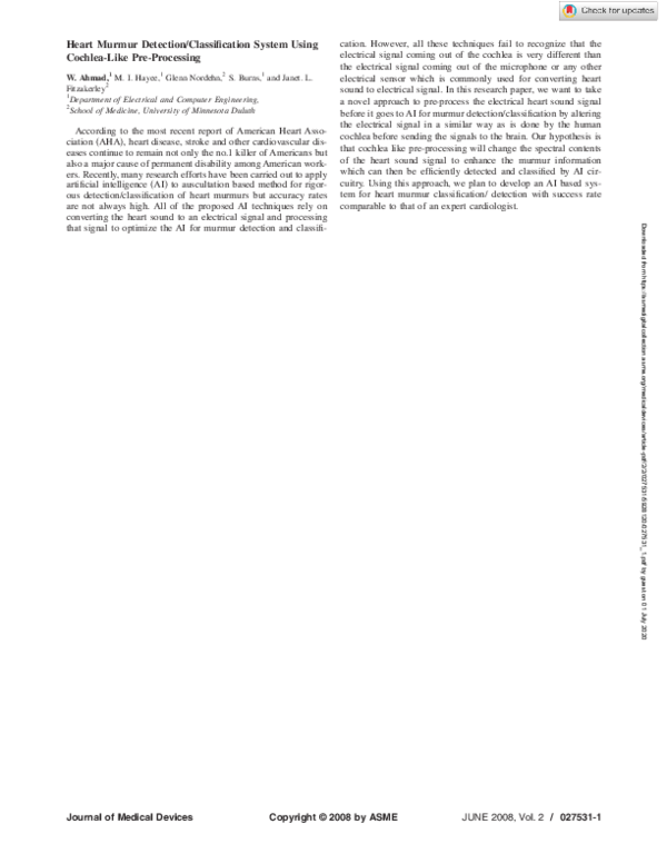 (PDF) Heart Murmur Detection∕Classification System Using Cochlea-Like Pre-Processing | M. Hayee ...