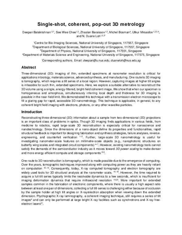 (PDF) Single-shot, coherent, pop-out 3D metrology