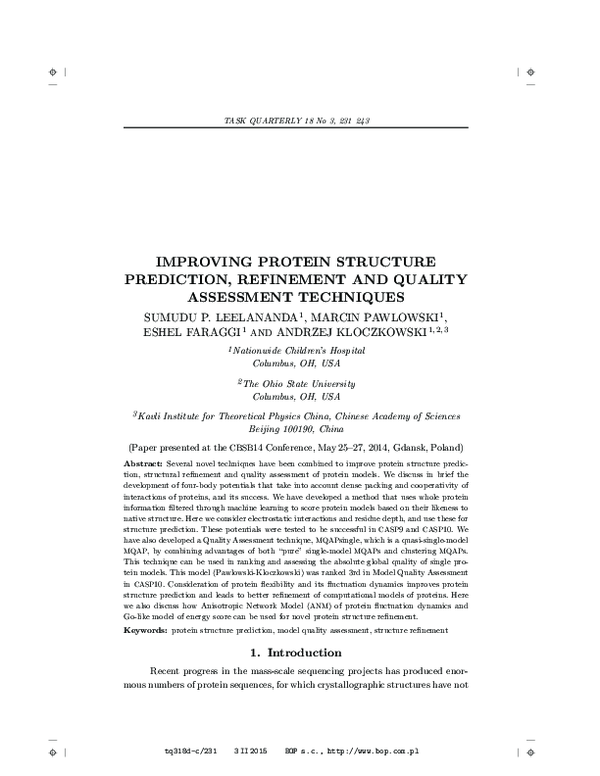 Pdf Improving Protein Structure Prediction Refinement And Quality Assessment Techniques
