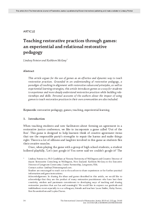 (PDF) Teaching restorative practices through games: an experiential and ...