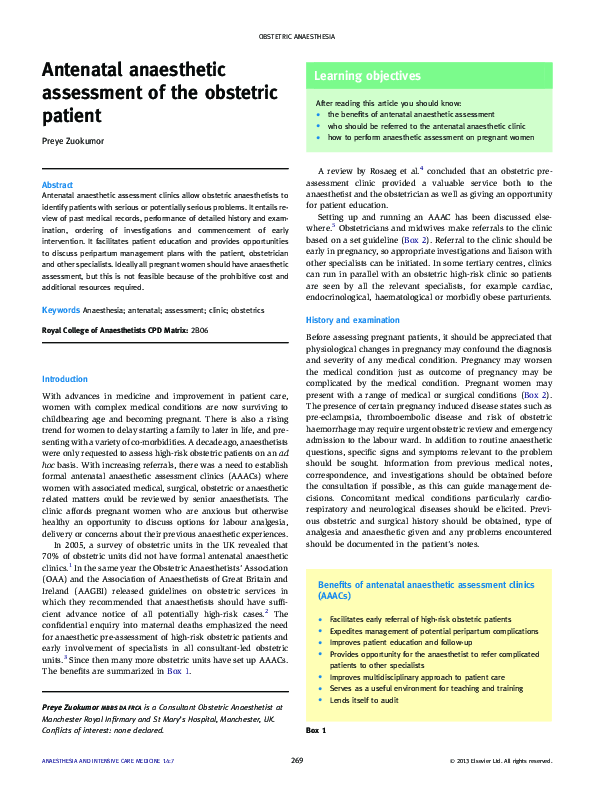 (PDF) Antenatal Anaesthetic Assessment in Obstetrics