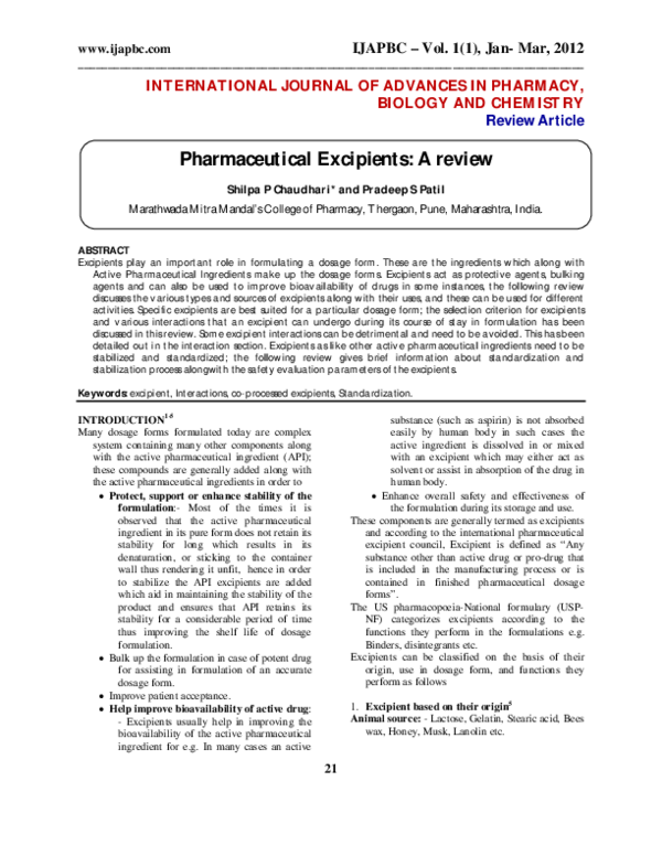 (PDF) Pharmaceutical Excipients: A review