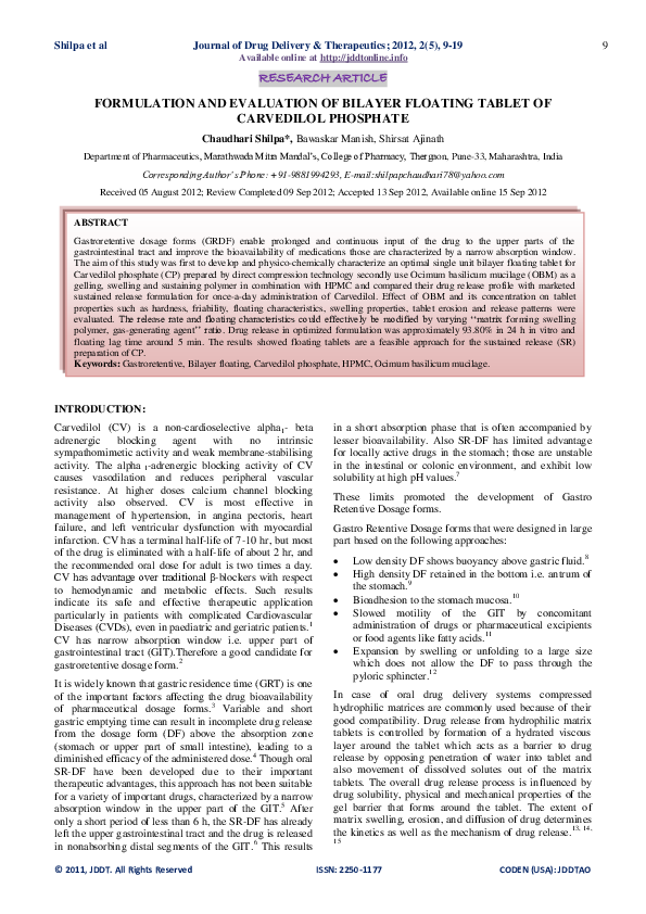 Pdf Formulation And Evaluation Of Bilayer Floating Tablet Of Carvedilol Phosphate
