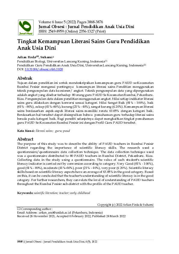 (PDF) Tingkat Kemampuan Literasi Sains Guru Pendidikan Anak Usia Dini