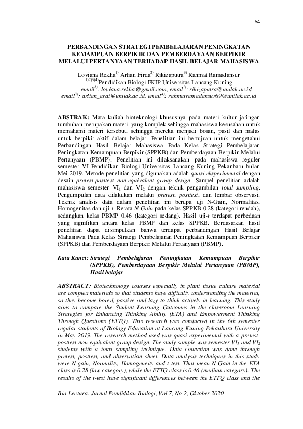(PDF) Perbandingan Strategi Pembelajaran Peningkatan Kemampuan Berpikir Dan Pemberdayaan ...