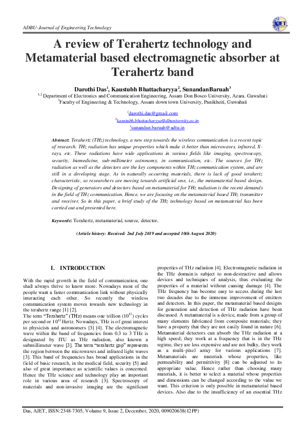 (PDF) A review of Terahertz technology and Metamaterial based electromagnetic absorber at ...