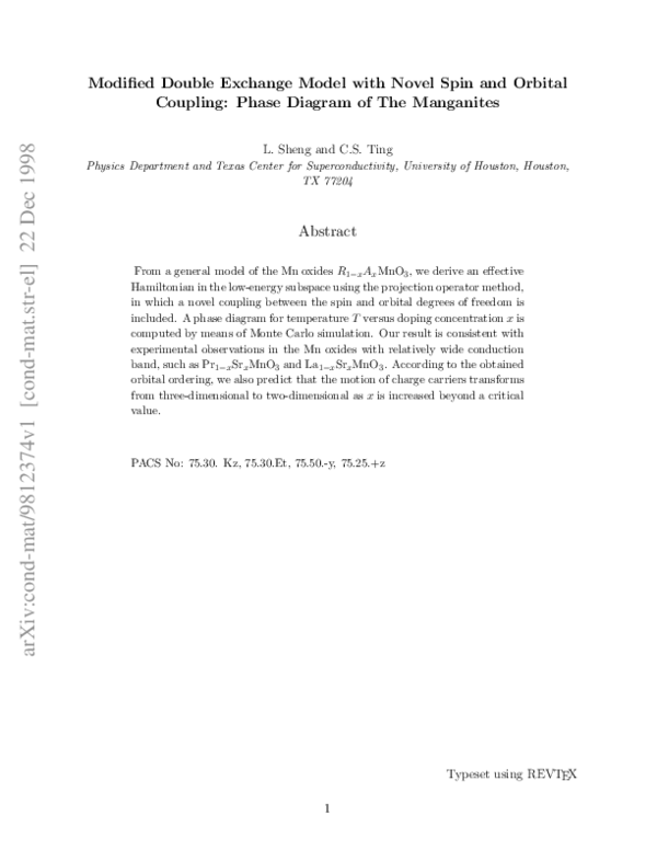 (PDF) Modified Double Exchange Model with Novel Spin and Orbital ...