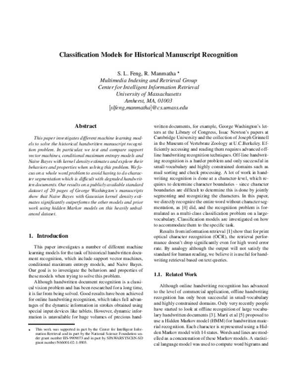 (PDF) Classification models for historical manuscript recognition
