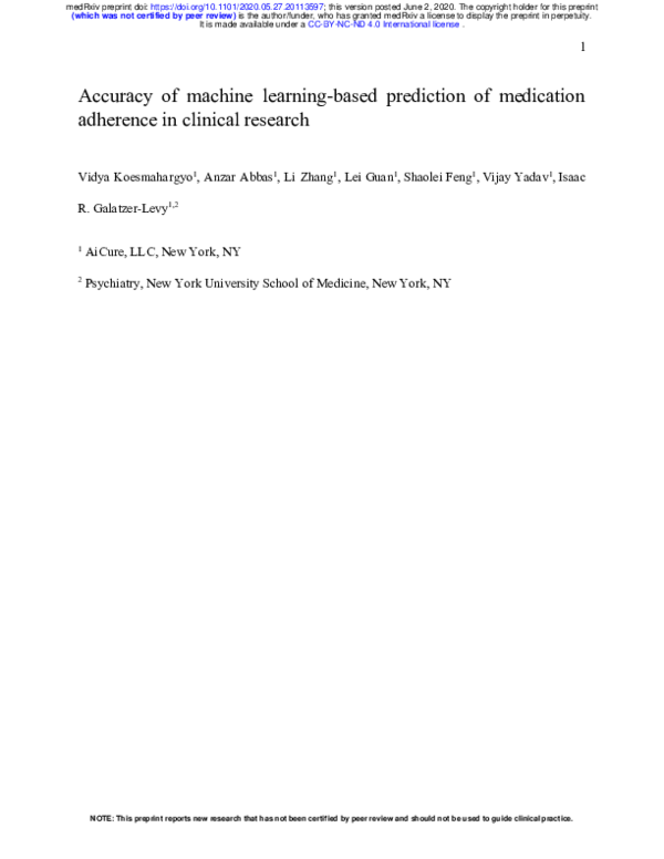 (PDF) Accuracy of machine learning-based prediction of medication adherence in clinical research