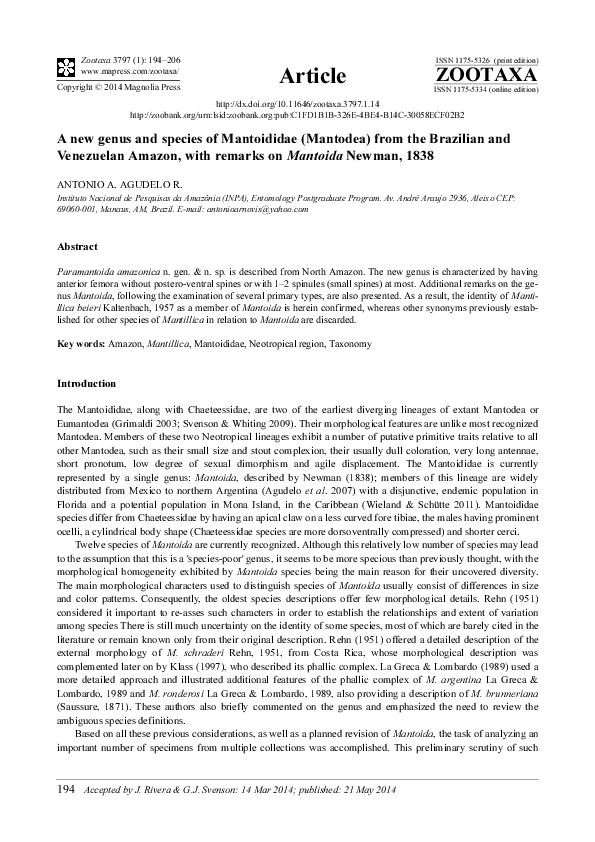 (PDF) A new genus and species of Mantoididae (Mantodea) from the ...