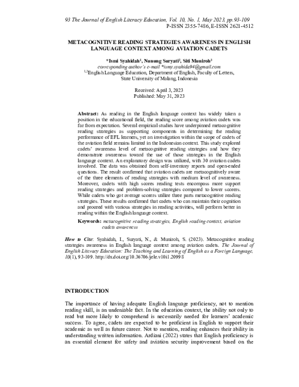 (PDF) Metacognitive Reading Strategies Awareness in English Language Context Among Aviation Cadets