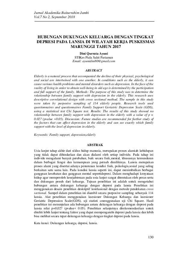 Hubungan Dukungan Keluarga Dengan Tingkat Depresi Pada Lansia DI Wilayah Kerja Puskesmas ...