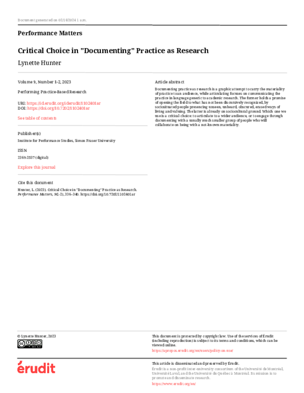 (PDF) Critical Choice in "Documenting" Practice as Research