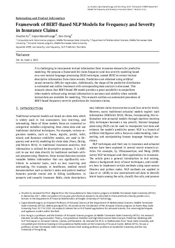 Pdf Framework Of Bert Based Nlp Models For Frequency And Severity In 9304