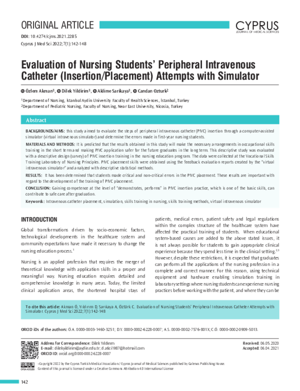(PDF) Evaluation of Nursing Students’ Peripheral Intravenous Catheter (Insertion/Placement ...
