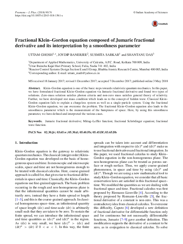 (PDF) Fractional Klein–Gordon equation composed of Jumarie fractional ...