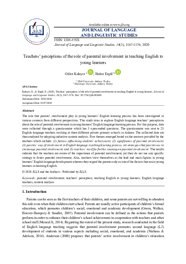 (PDF) Teachers’ perceptions of the role of parental involvement in teaching English to young ...