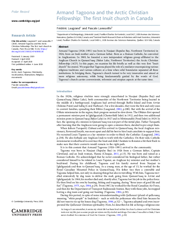 (PDF) Armand Tagoona and the Arctic Christian Fellowship: The first ...
