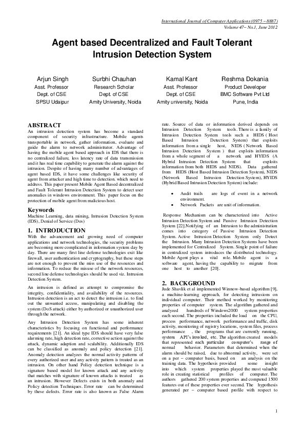 (PDF) Agent based Decentralized and Fault Tolerant Intrusion Detection ...
