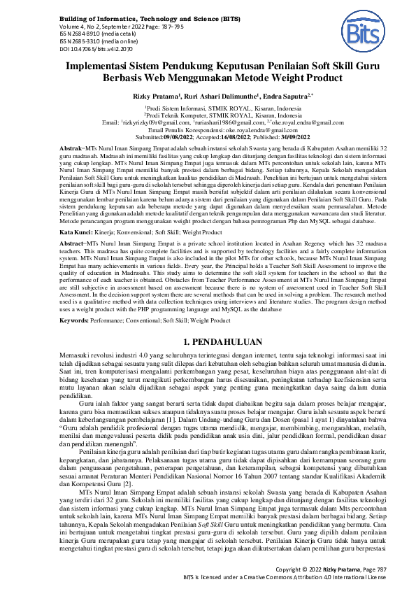 (PDF) Implementasi Sistem Pendukung Keputusan Penilaian Soft Skill Guru Berbasis Web Menggunakan ...