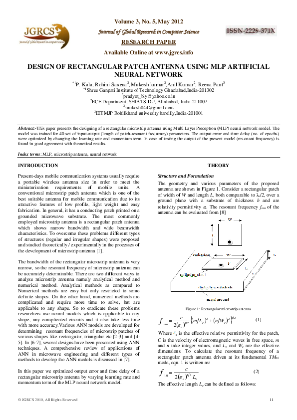 (PDF) Design of Rectangular Patch Antenna Using MLP Artificial Neural Network