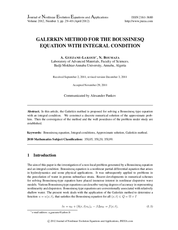 (PDF) Galerkin Method for the Boussinesq Equation with Integral Condition