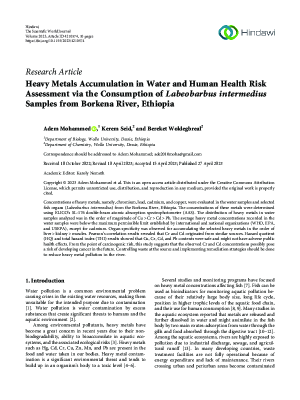 (PDF) Heavy Metals Accumulation in Water and Human Health Risk ...