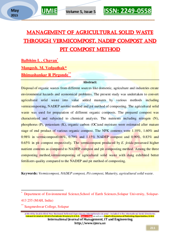 (PDF) Management of agricultural solid waste by NADEP vermicompost and pit compost