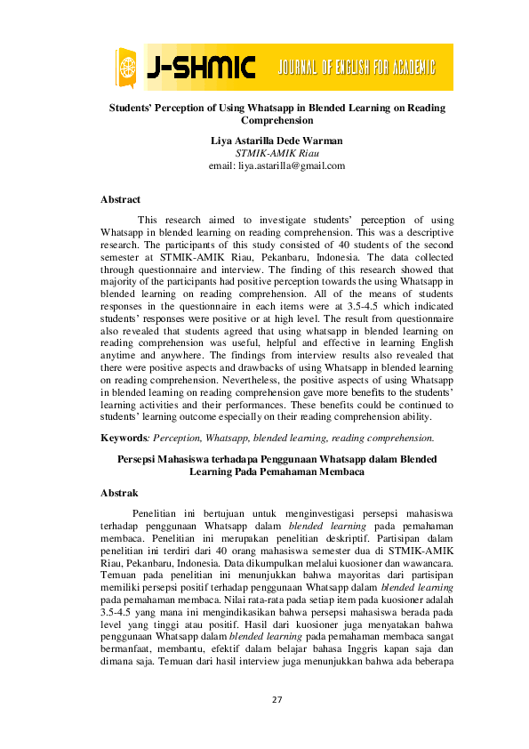 (PDF) Students’ Perception of Using Whatsapp in Blended Learning on Reading