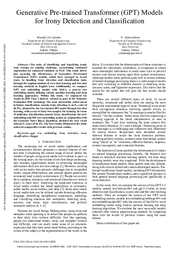 (PDF) Generative Pre-trained Transformer (GPT) Models for Irony Detection and Classification