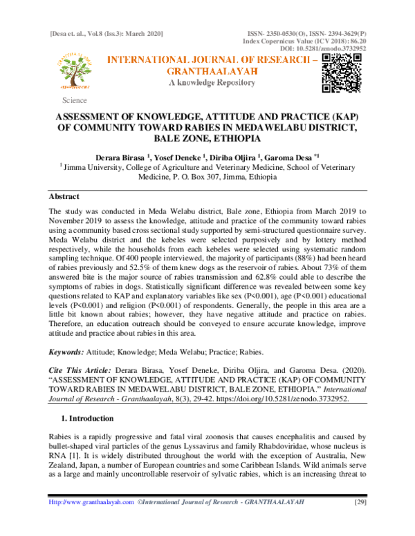 (PDF) Assessment of Knowledge, Attitude and Practice (Kap) of Community Toward Rabies in ...