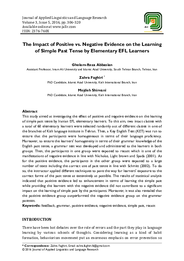 (PDF) The Impact of Positive vs. Negative Evidence on the Learning of ...