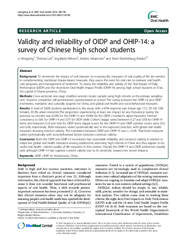 (PDF) Validity and reliability of OIDP and OHIP-14: a survey of Chinese high school students