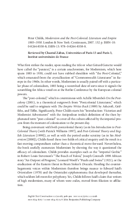 (PDF) Peter Childs, Modernism and the Post-Colonial: Literature and ...