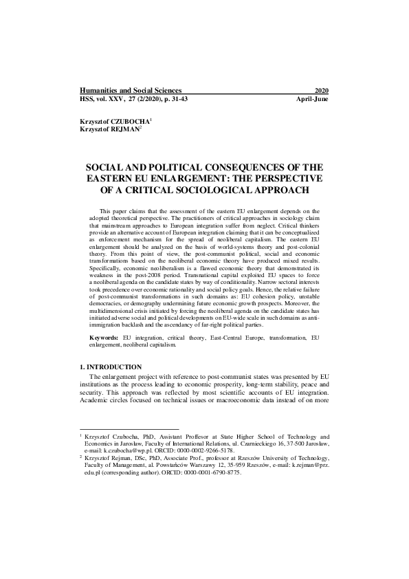 (PDF) Social and Political Consequences of the Eastern Eu Enlargement: The Perspective of a ...