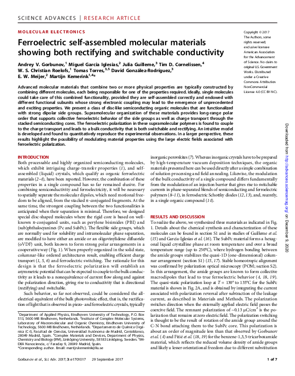 (PDF) Ferroelectric self-assembled molecular materials showing both rectifying and switchable ...