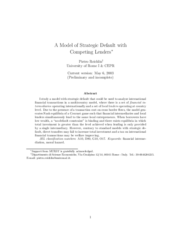 (PDF) A Model of Strategic Default with Competing Lenders