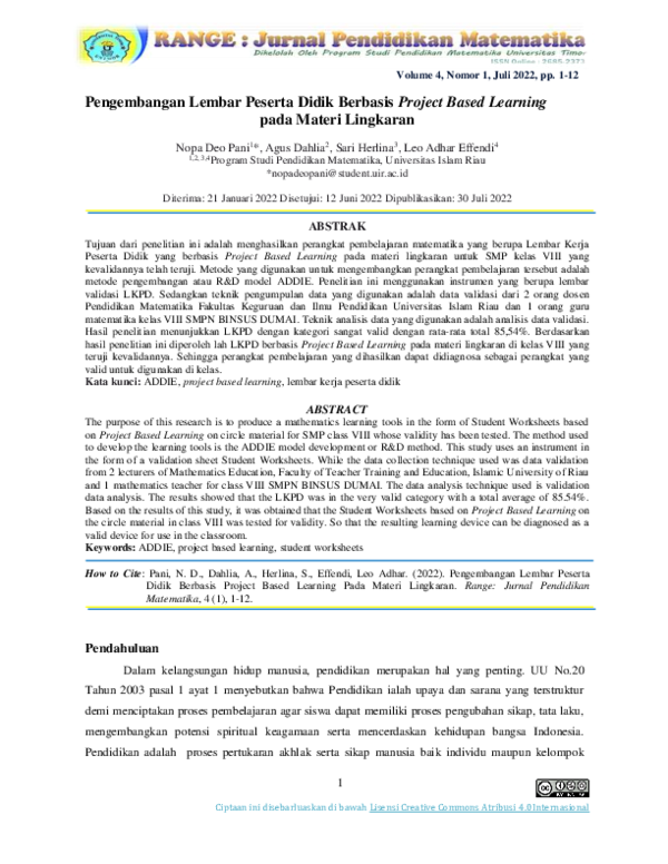 (PDF) Pengembangan Lembar Kerja Peserta Didik Berbasis Project Based Learning Pada Materi Lingkaran