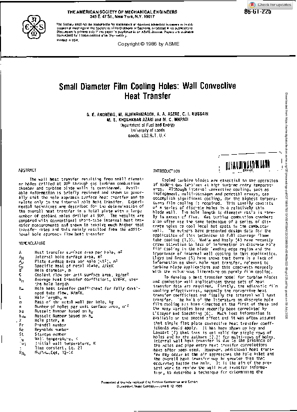 (PDF) Small Diameter Film Cooling Holes: Wall Convective Heat Transfer