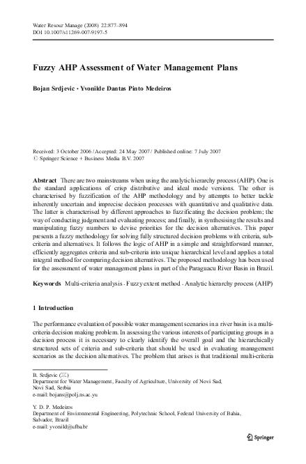 (PDF) Fuzzy AHP Assessment of Water Management Plans