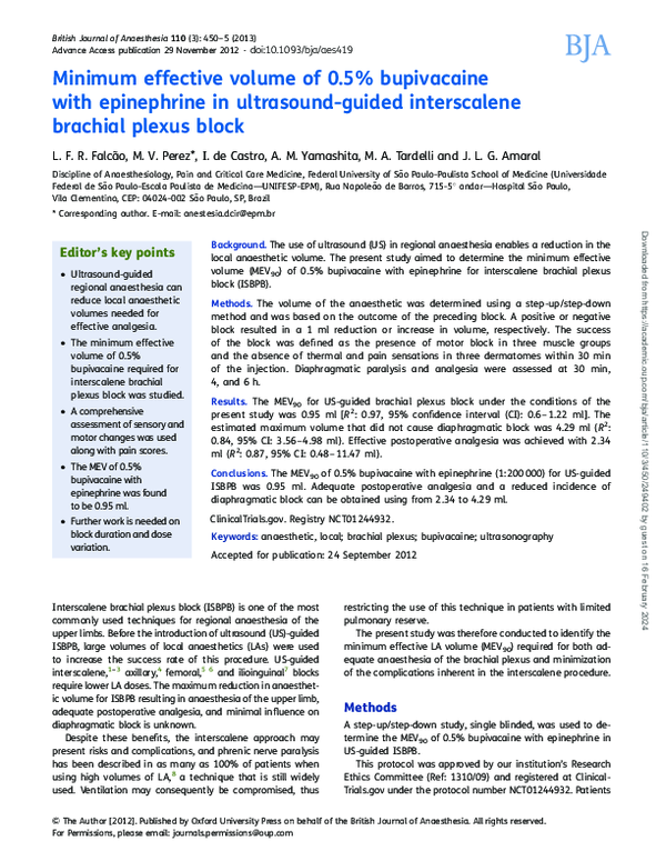 (PDF) Minimum effective volume of 0.5% bupivacaine with epinephrine in ...