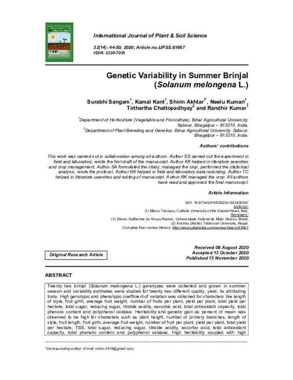 (PDF) Genetic Variability in Summer Brinjal (Solanum melongena L.)