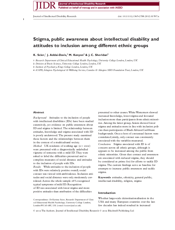 (PDF) Stigma, public awareness about intellectual disability and ...