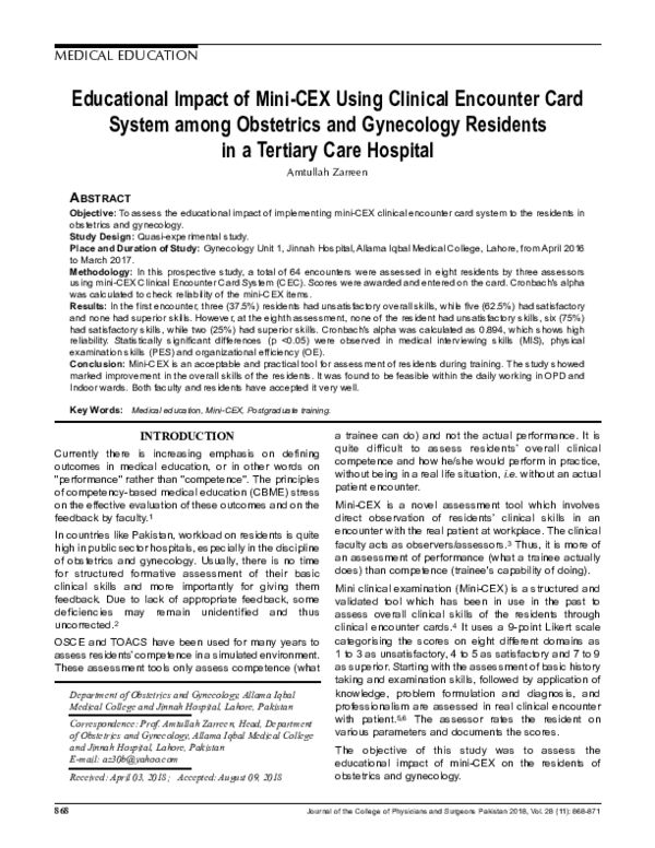 (PDF) Educational Impact of Mini-CEX Using Clinical Encounter Card System among Obstetrics and ...