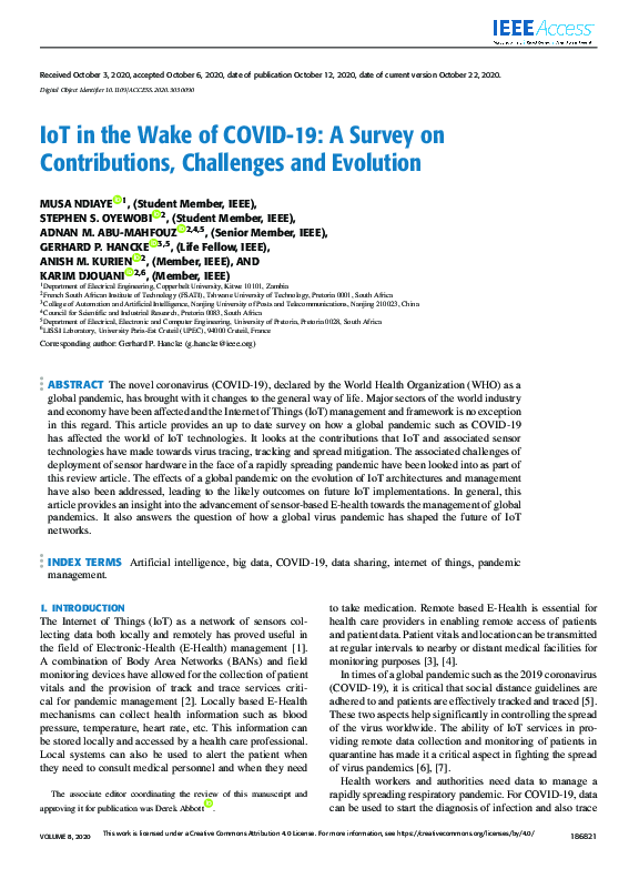 (PDF) IoT in the Wake of COVID-19: A Survey on Contributions, Challenges and Evolution