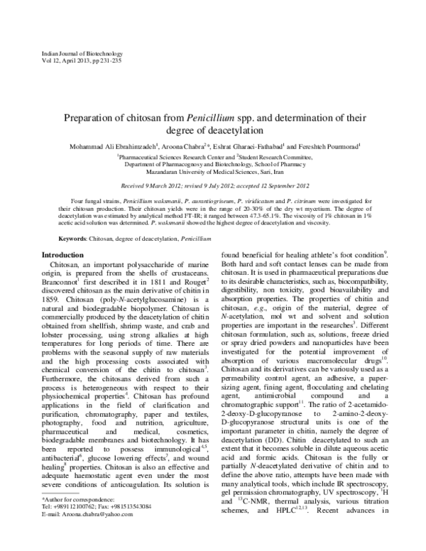 (PDF) Preparation of chitosan from Penicillium spp. and determination of their degree of ...