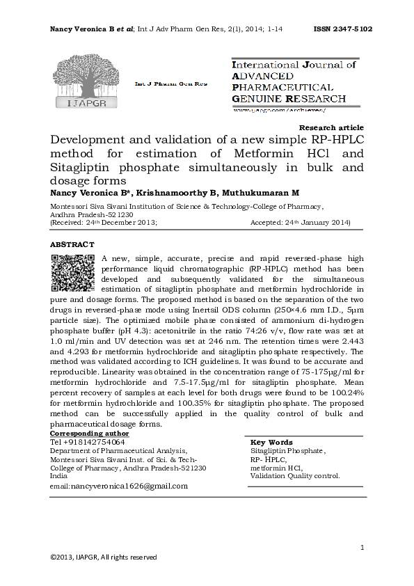 Pdf Development And Validation Of A New Simple Rp Hplc Method For Estimation Of Metformin Hcl